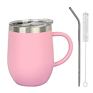 Stainless Steel Wine Tumblers 12oz,Triple Insulated Wine Glass Tumbler Stemless w/Lids,Straw and Cleaning Brush,Wine Glass Coffee Mug for Wine,Cocktails,Champaign,Spill Proof Ice Hot Drink Cup