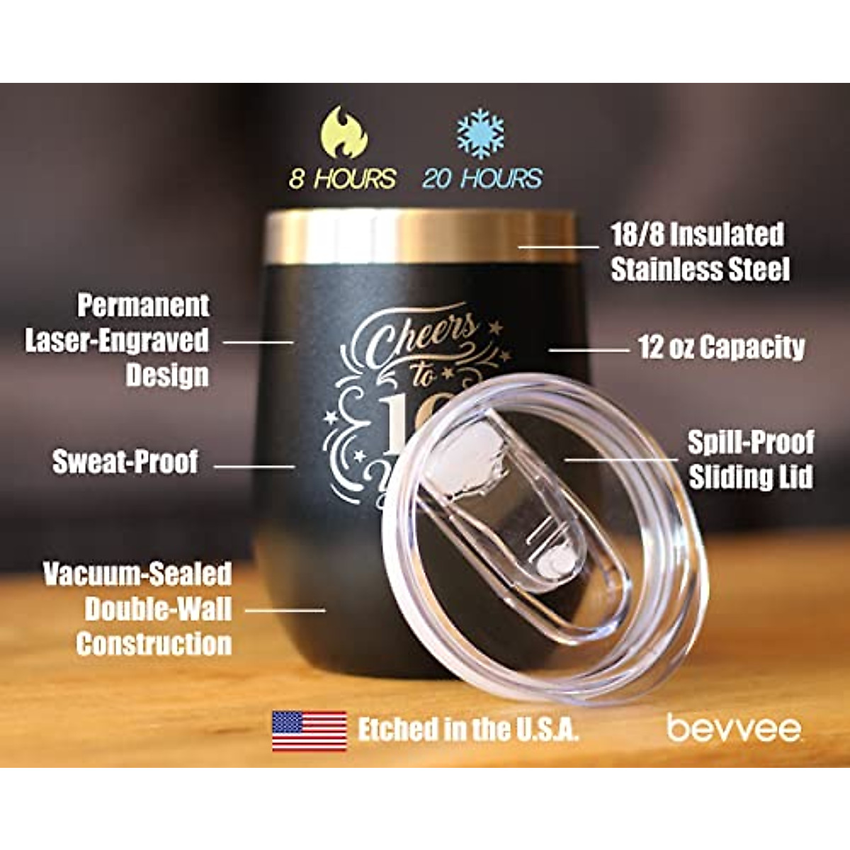 Cheers to 10 Years - Wine Tumbler Glass with Sliding Lid - Stainless Steel Insulated Mug - 10th Anniversary Gifts and Party Decor - Black