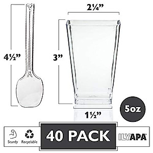 Ilyapa 5 oz Small Plastic Dessert Cups with Spoons - 40 Dessert Shooters for Chocolate Desserts, Appetizers, Dessert Samplers, Dessert Shot Glasses & More