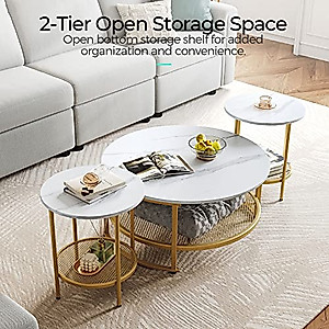 LINSY Home Round Coffee Table Set of 3 for Living Room, Modern Coffee Table with Open Storage, Wood Surface Top & Sturdy Metal Legs Large Circle Coffee Table, White and Gold