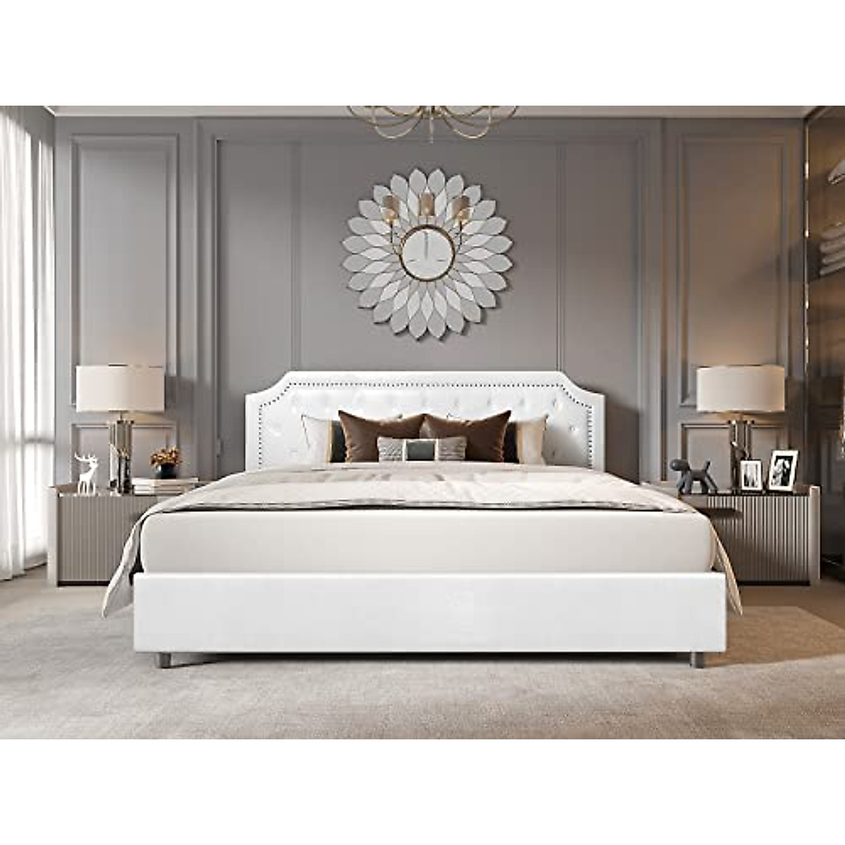 BONSOIR King Size Storage Bed Frame Upholstered Low Profile Traditional Platform with Tufted and Nail Headboard/4 Pull Out Drawers/White Faux Leather