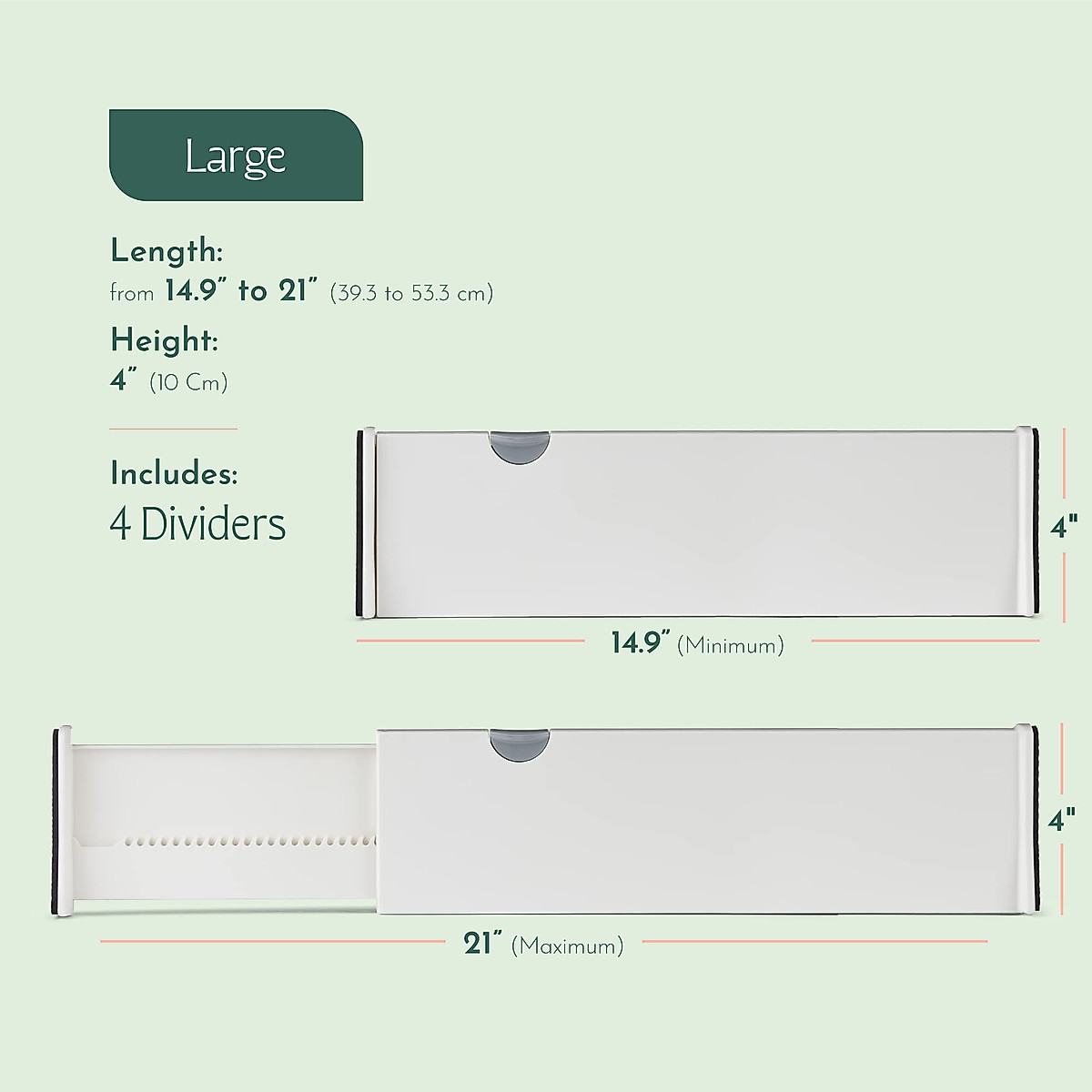 Adjustable Tall Drawer Dividers, [4 Pack] Adjusting Legnth from 15 Inch - 21 Inch, Drawer Organizers for Clothes, Locks in Place, Use for Bedroom, Bathroom, Kitchen & Office Organization and Storage.