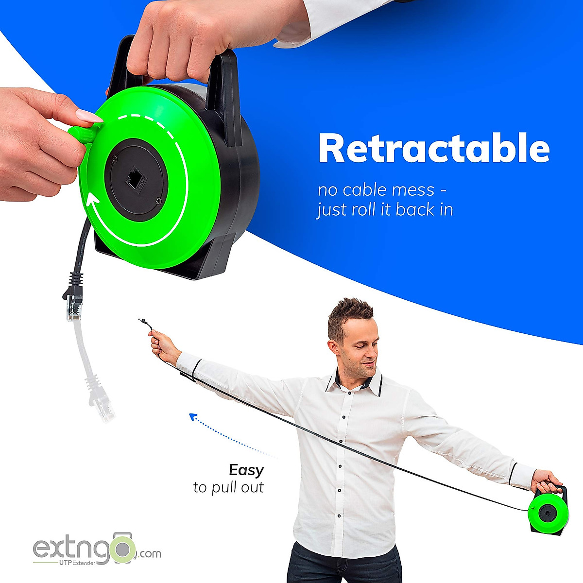 EXTNGO Retractable Network Cable Extender, 33 Ft (10 Meter) CAT 6 Ethernet Cable Flat-Portable 1Gbps Data Speed-Swiftly Setup Temp Networks-Cascadable Male-Female RJ45 Connector-UTP Cable Reel
