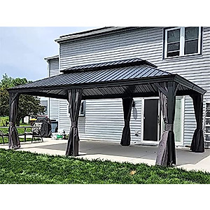 12' x 20' Hardtop Gazebo Outdoor Aluminum Gazebos with Galvanized Steel Double Canopy for Patios Deck Backyard,with Curtains&Netting by domi outdoor living Brown