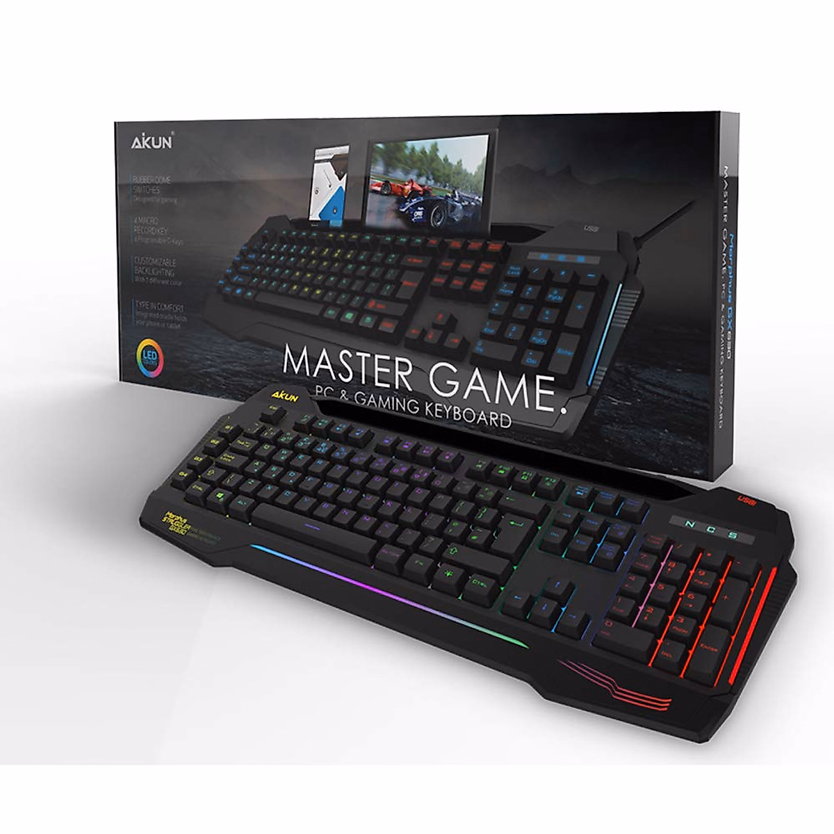 AIKUN Full Size Membrane Gaming Keyboard With 4 Macro Gaming keys,Voice Sensitive Rainbow Backlit,26 Anti-Ghosting Keys,Audio and USB Passthrough,Spill Resistant, Mobile Device Slot,Multimedia Control