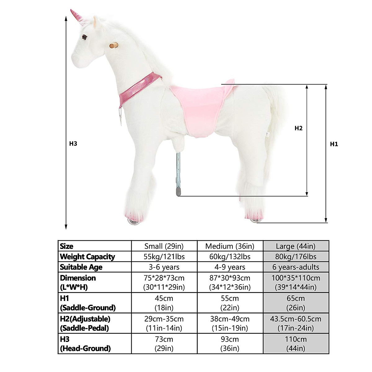 UFREE Large Ride on Horse, Action Pony Toy, Ride on Large 44 inch for Children 6 Years Old to Adult. (Unicorn, Pink Horn)