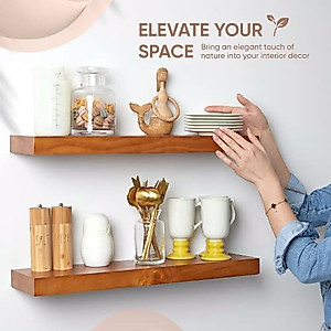 Homeforia Rustic Farmhouse Floating Shelves - Bathroom Wooden Shelves for Wall Mounted - Thick Industrial Kitchen Wood Shelf - 24 x 6.5 x 1.75 inch - Set of 2 - Honey Oak Color