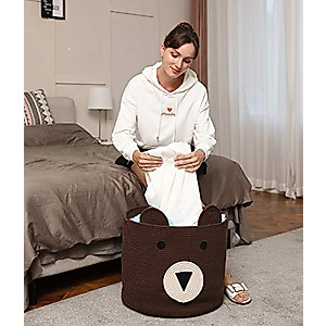 Bear Basket, Animal Basket, Large Cotton Rope Basket, Large Storage Basket, Woven Laundry Hamper, Toy Storage Bin, for Kids Toys Clothes in Bedroom, Baby Nursery, Dark Brown 18"x15"