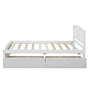 Twin Platform Storage Bed with Headboard, Solid Wood Bed Frame with Two Drawers (White, Twin Size)
