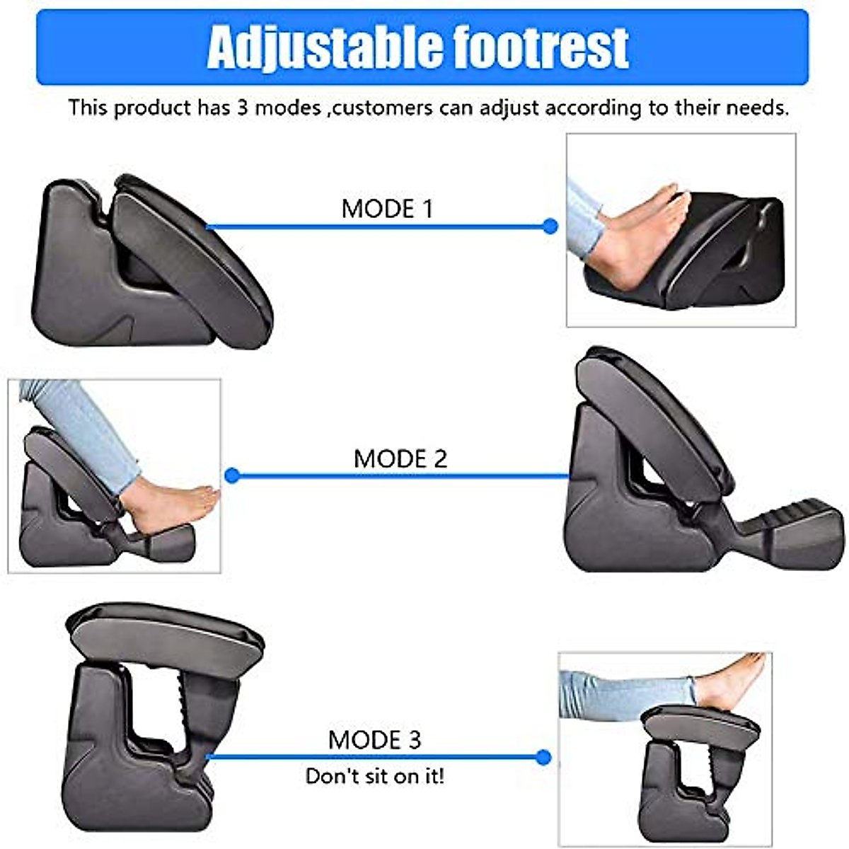 VUE Adjustable Footrest, Upgrade Ergonomic Footrest Max-Load 180LBS with 3 Functional Modes & Massage Office Foot Rest Under Desk for Home, Office, Car, Train