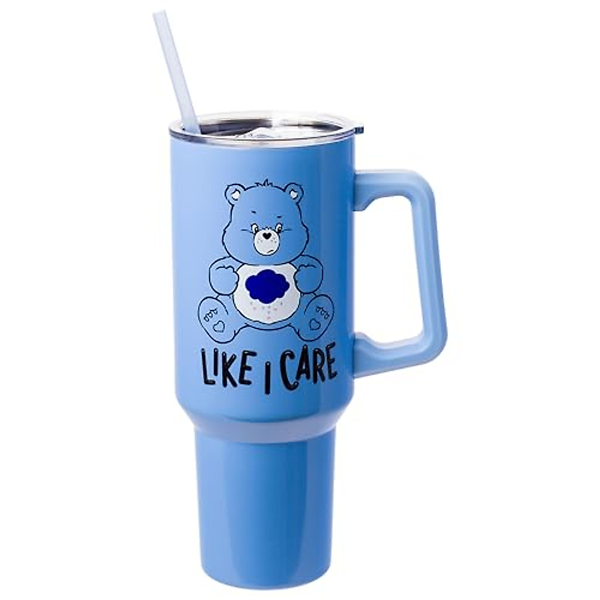 Silver Buffalo Care Bears Grumpy Bear Like I Care Stainless Steel Tumbler with Handle and Straw, Fits in Standard Cup Holder, 40 Ounces