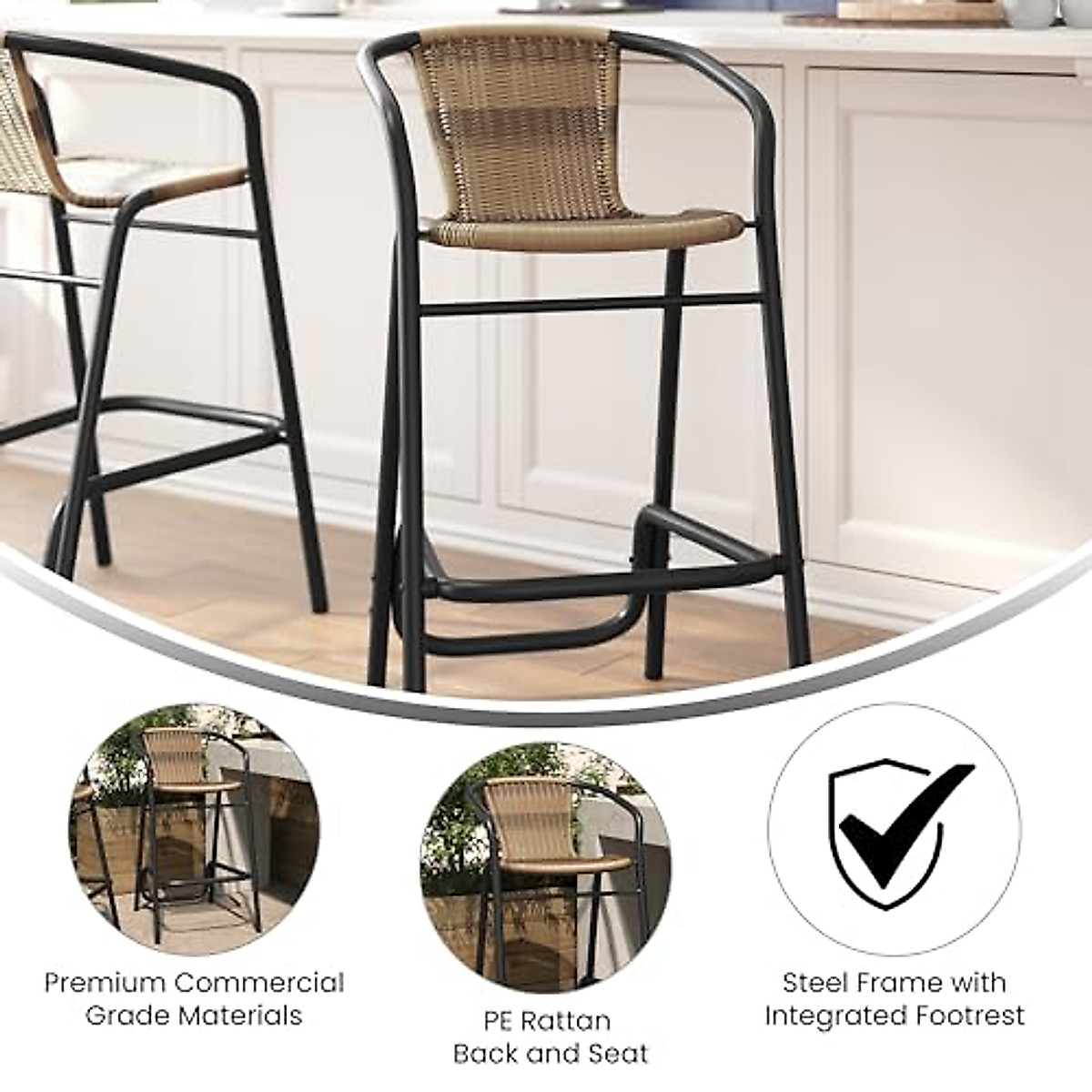 Flash Furniture Lila Commercial Grade Rattan Indoor-Outdoor Commercial Restaurant Barstool - Rattan Seat and Back - Footrest - Medium Brown