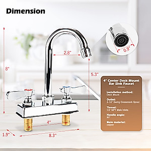 Commercial Bar Sink Faucet 4 Inch Center Deck Mount Bar Sink Faucet 2 Hole Brass Constructed & Chrome Polished with 3-1/2" Gooseneck Spout & Dual Lever Handles