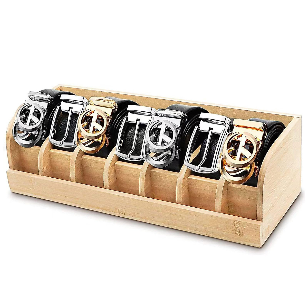 GREATSK Wood Belt Organizer Box,7 Grids Belt Rack, Belt Organizer for Closet and Drawer, Belt Storage Organizer and Displayer, Belt Organizer for Men Women (Natural Wood)