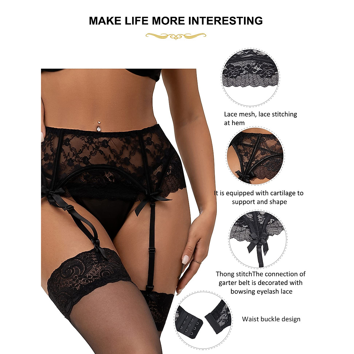 ohmydear Lace Garter Belts Plus Size Mesh Suspender Belt Sets with 4 Straps for Thigh High Stockings Black 3XL-4XL