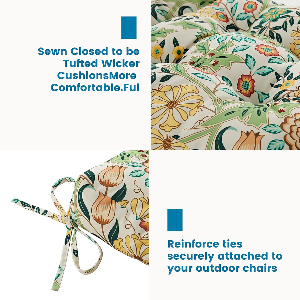 BLISSWALK Outdoor Chair Cushions for Patio Furniture,Set of 4,40"x20"x4", Tufted Low Back Extra Thick Patio Wicker Lawn Seat Cushion with Ties,Floral