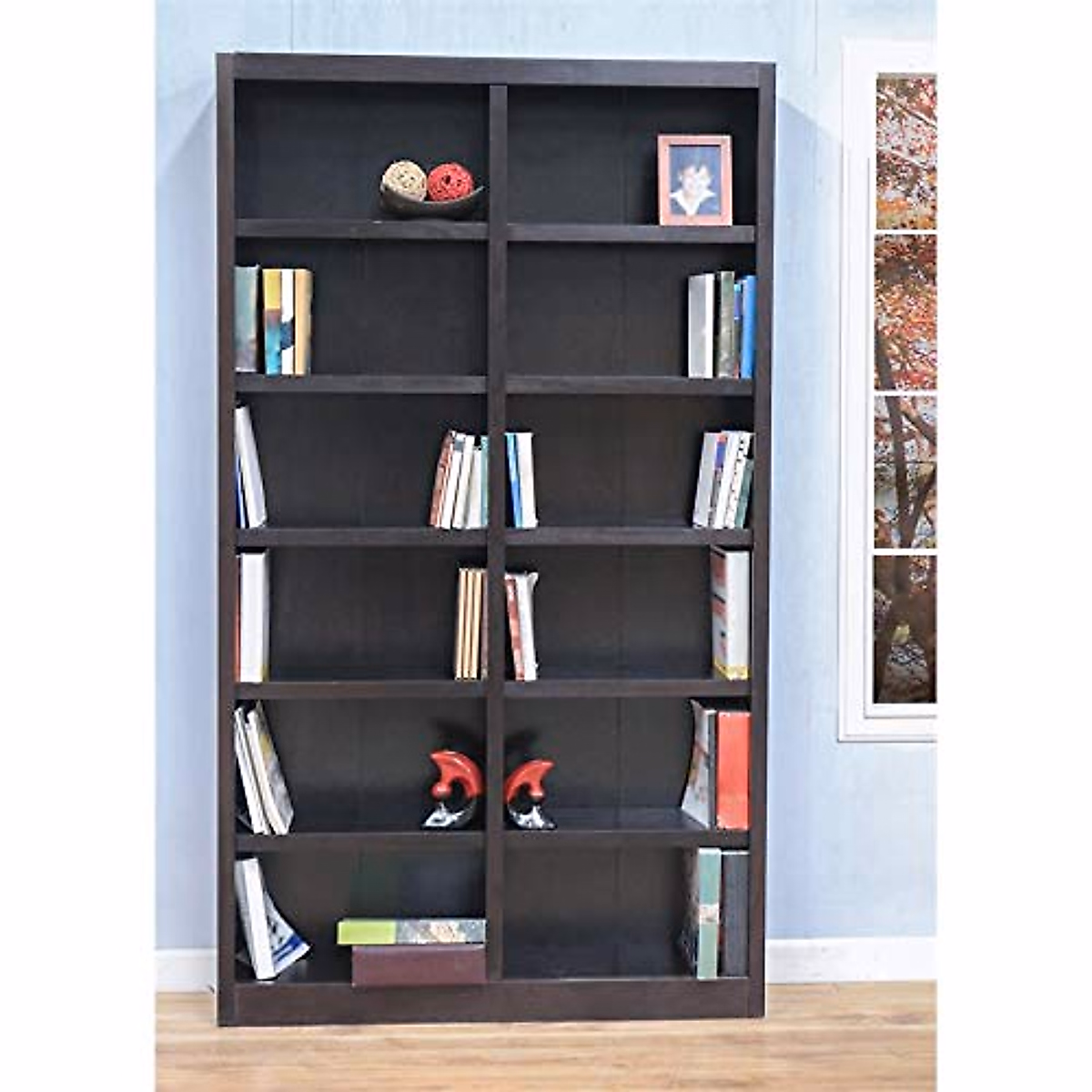 Traditional 84" Tall 12-Shelf Double Wide Wood Bookcase in Espresso