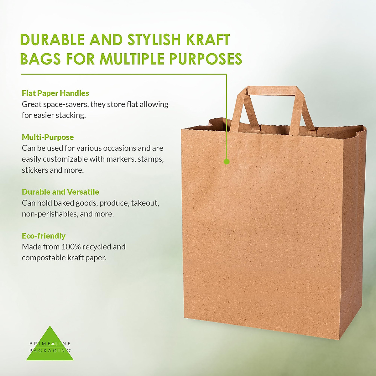 Prime Line Packaging Brown Paper Bags with Handles, Reusable Grocery Tote for Food, Takeout, Delivery, Shopping, Small Business, Bulk, 12x7x14 100 Pack