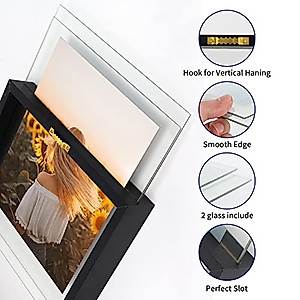 WIFTREY Black 8x10 Floating Picture Frame 2 Pack, Double Glass Distressed Floating Photo Frame for Tabletop or Wall Mount, Displays Photo up to 10x12