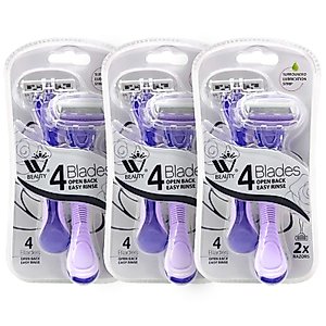 Natural Solution Razors for Women – Extra Smooth 4-Blade Shaver Infused with Vitamin E & Aloe, Provides Gentle Shaving, 3-Pack (6 Pieces) in Pink/Purple