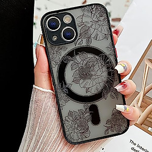 Skyseaco for iPhone 13 Mini Case Compatible with MagSafe for Black Frosted PC Back Protector Flower Shockproof Black Floral Blooms Design Protective Women Girls Phone Case - Flower Blooms/Black
