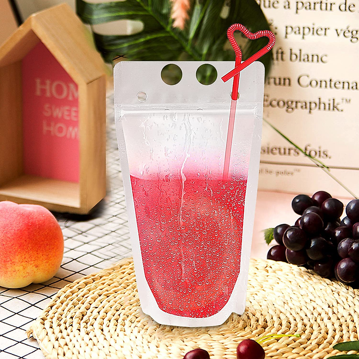 30Pcs Drink Pouches with Individual Package Straws Translucent Frosted Reclosable Zipper Juice Pouches Smoothie Pouches for Cold & Hot Drinks- 10 Ice Cube Bags& Silicone Funnel Included