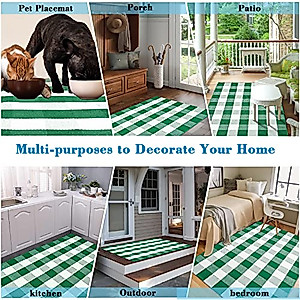 Green Checkered Outdoor Rug Front Door Mat 24'' x 51'', Buffalo Plaid Entryway Rug with 4 Non-Slip Grippers, Farmhouse Vibe Porch Rug Welcome Layered Doormat, Laundry Room/Entrance/Kitchen Rug