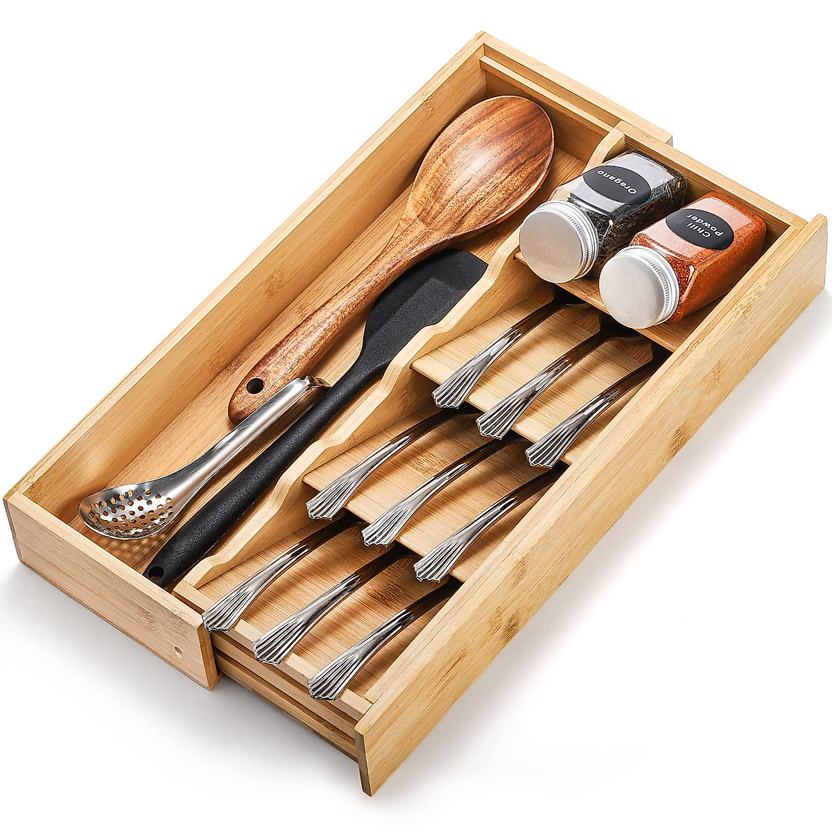 Fasmov Silverware Organizer Storage Tray, Bamboo Compact Utensil Organizer, Cutlery Expandable Organizer for Kitchen Drawer Holding Flatware Spoons Forks