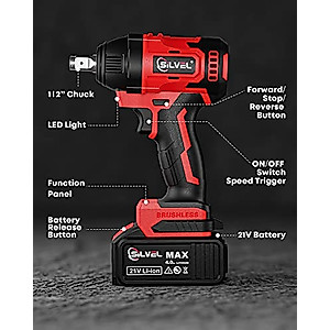 SILVEL Impact Wrench, Cordless Impact Wrench 1/2 inch, Brushless 1/2 Inch Impact Gun, 370 Ft-lbs Max Torque(500N.m), 21V Li-ion Battery, 6Pcs Sockets, Electric Impact Driver