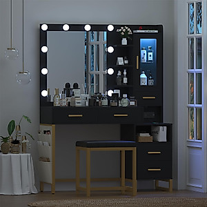 Makeup Vanity Table Set with LED Lights & Charing Station, Large Make up Vanity Desk with Mirror and Lights, Dressing Vanity Table with Nightstand & Soft Stool, Black Vanity with Drawers & RGB Cabinet