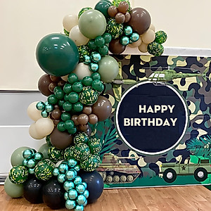 Camouflage Balloon Garland Arch Kit for Army Party Decorations,142Pcs Camo Balloons Dark Green Black Brown Balloons with Palm Leaves for Military Camo Birthday Party Hunting Camping Game Jungle Themed