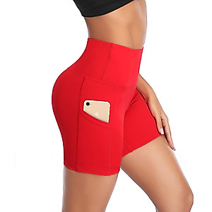 DAYOUNG Women Yoga Shorts High Waist Tummy Control Workout Biker Running Athletic Compression Short with Pockets Y27-Red-M