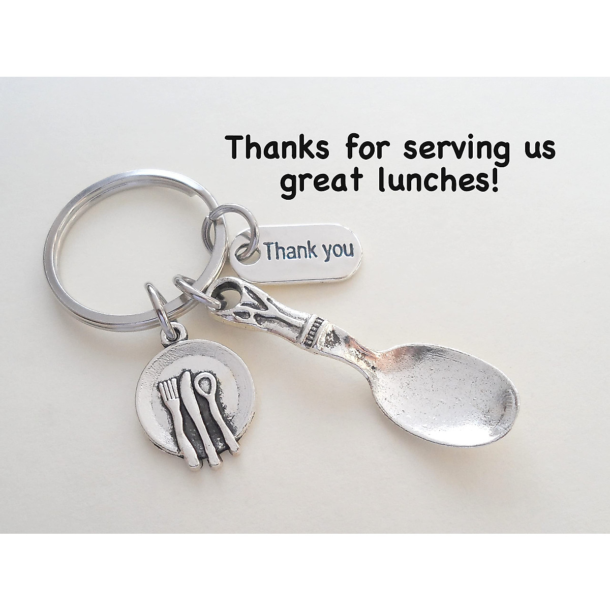 Lunch Server Spoon, Plate, and Thank You Charm Keychain, School Lunch Serving Staff Appreciation Gift
