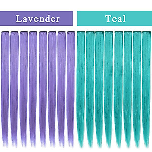 SARARHY Colored Hair Extensions Clip in 21 inch Straight Synthetic Hair Accessories Party Highlights Colorful Hairpieces for Kids Women Girls Wig Pieces 16 Pcs (Teal Lavender)