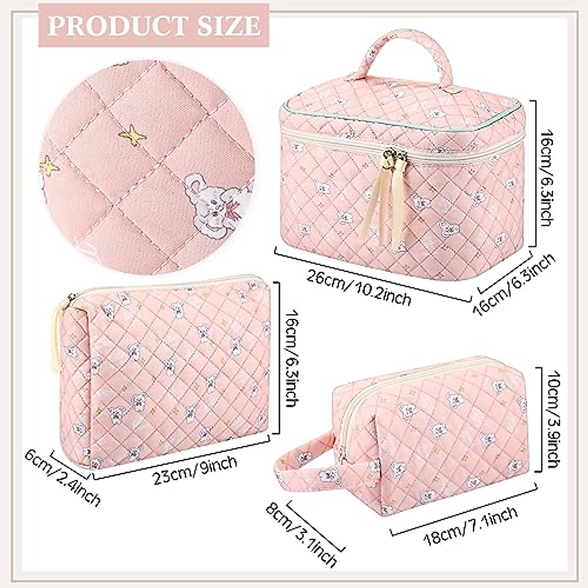 Paterr 3 Pieces Cotton Quilted Makeup Bag Set Coquette Cosmetic Bag Aesthetic Travel Toiletry pouch Cute Pouch Kawaii Aesthetic for Women(Pink,Pink Rabbit)