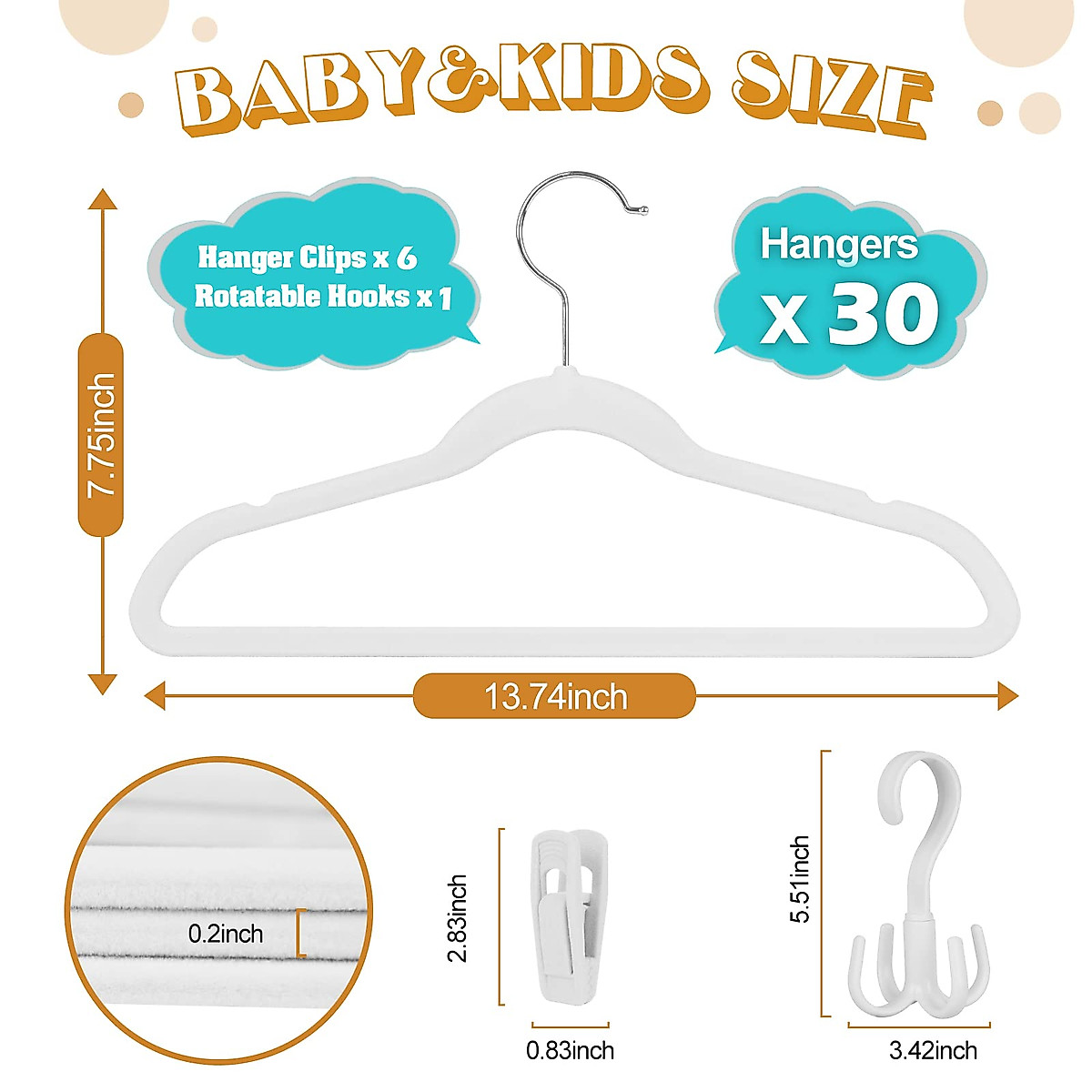 Tinfol Kids Velvet Hangers 30 Pack, White Non-Slip Toddler Hangers, Space Saving Felt Kids Hangers for Children's Clothes, Pants Dress
