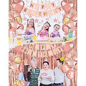 Lutoys Rose Gold Happy Birthday Party Decorations, Happy Birthday Banner, Rose Gold Foil Heart Star Confetti Balloons Curtain Backdrop Hanging Swirls Butterfly Party Decor for Girls Women Princess