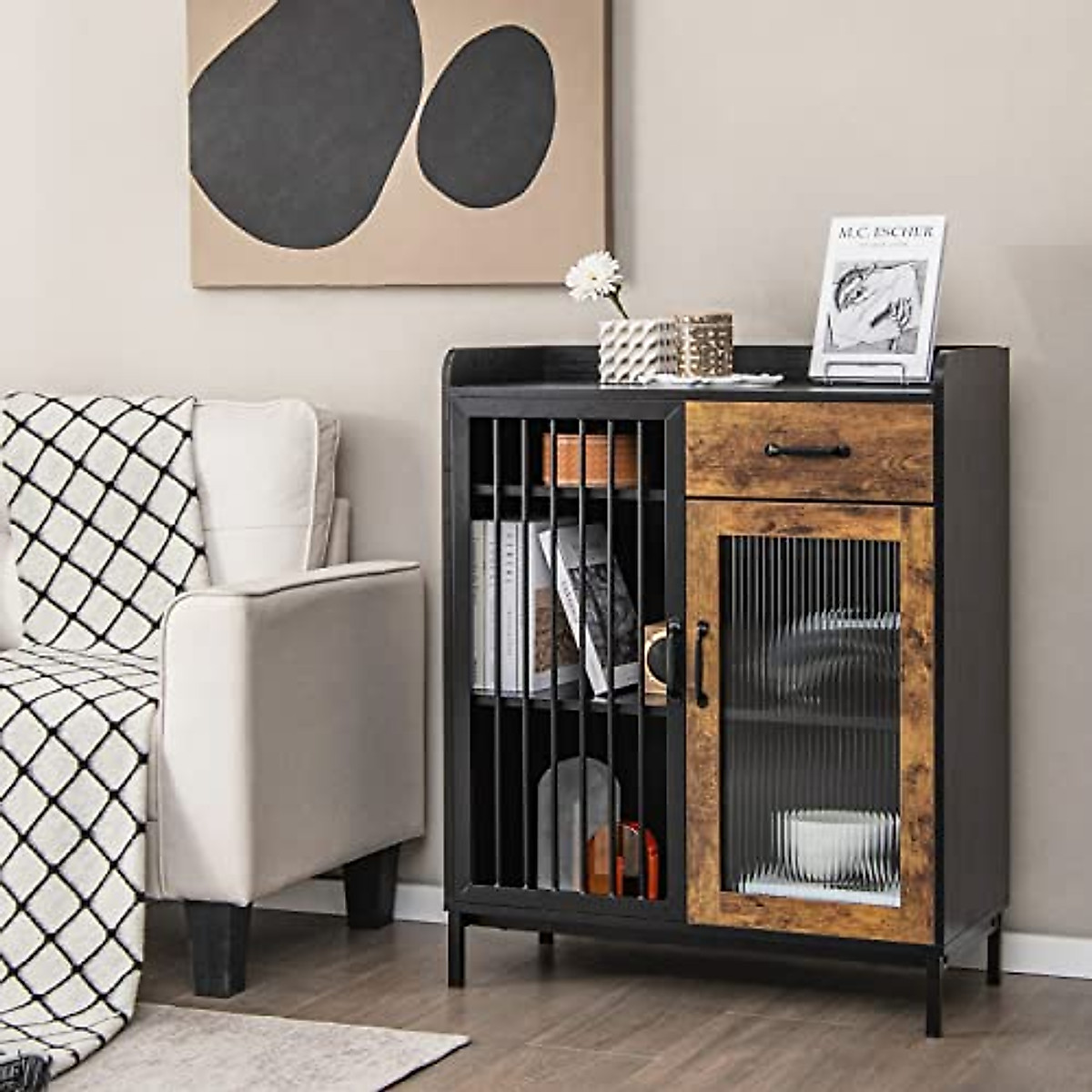 Giantex Buffet Sideboard, Industrial Cupboard with 2 Cabinets and 1 Drawer, Multipurpose Wooden Kitchen Coffee Bar Station for Living Room Hallway