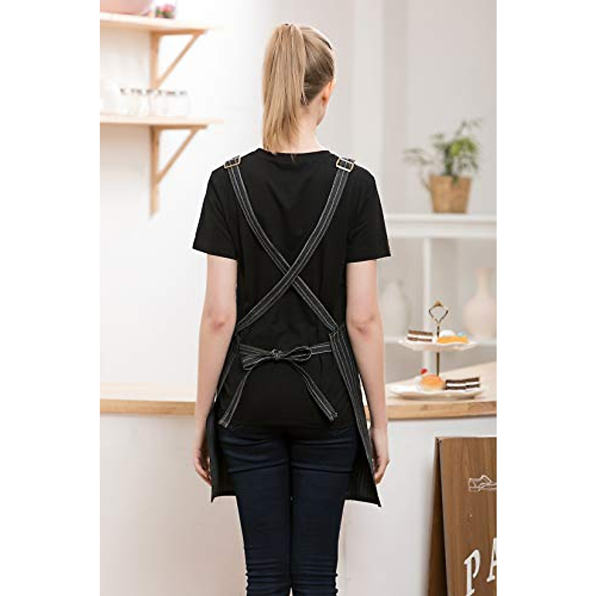 Denim Cross-Back Chef Bib Apron with Pockets for Men and Women (Black Stripe)