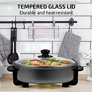 OVENTE Electric Skillet and Frying Pan, 12 Inch Round Cooker with Nonstick Coating, 1400W Power, Adjustable Temperature Control, Tempered Glass Lid with Vent and Cool Touch Handles, Black SK11112B