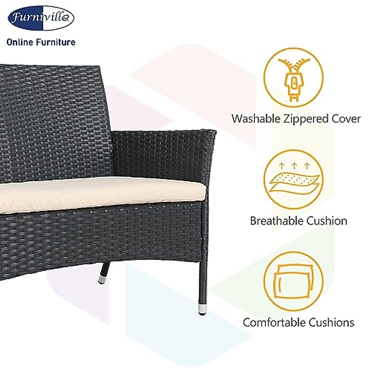 Furnivilla 4 Pieces Patio Furniture Sets Outdoor Furniture PE Wicker Patio Set Patio Conversation Set Balcony Furniture with Cushions and Table for Yard,Pool or Backyard (Black-Beige)