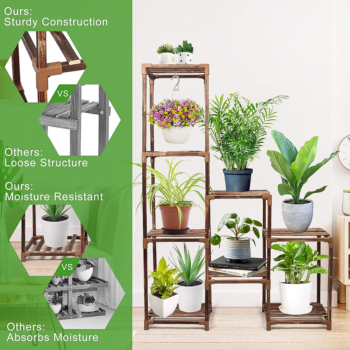 LotFancy Plant Stand Indoor Outdoor, Large Tall Wood Plant Shelf for Multiple Plants, 3 Tiers 8 Potted Plant Display Rack Garden Flower Shelves for Living Room Patio Corner Balcony Office