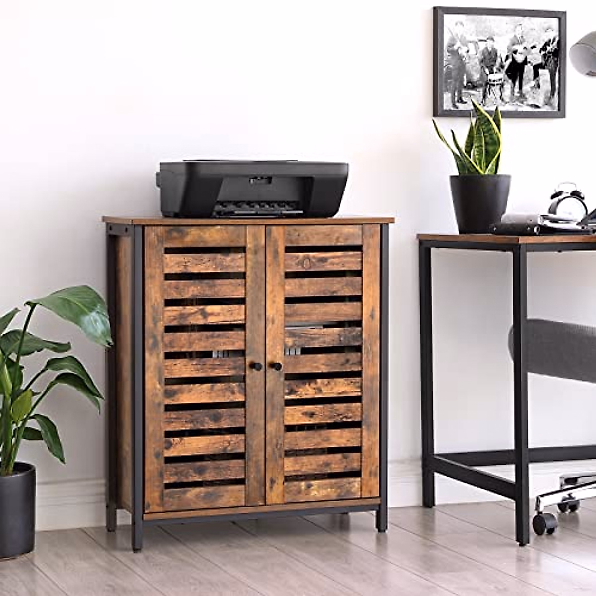 VASAGLE LOWELL Standing Cabinet, Storage Cabinet, Cupboard, Accent Side Cabinet, Sideboard with Louvered Doors, Multifunctional in Living Room, Bedroom, Hallway, Industrial, Rustic Brown ULSC78BX