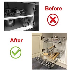 Sikarou Pull Out Cabinet Organizer 14" W x 21" D 2-Tier Individual Slide Out Drawer Pantry Shelf Storage for Kitchen Base Cabinet Organization ​for Kitchen, Bathroom, Pantry, Chrome