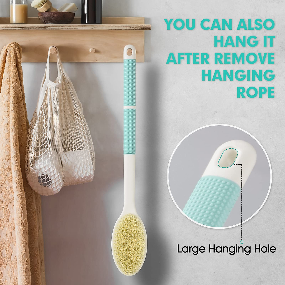 Backski Back Scrubber Anti Slip for Shower,Back Brush Long Handle with Soft and Stiff Bristles,Body Scrubber for Bath or Dry Brush(Green)