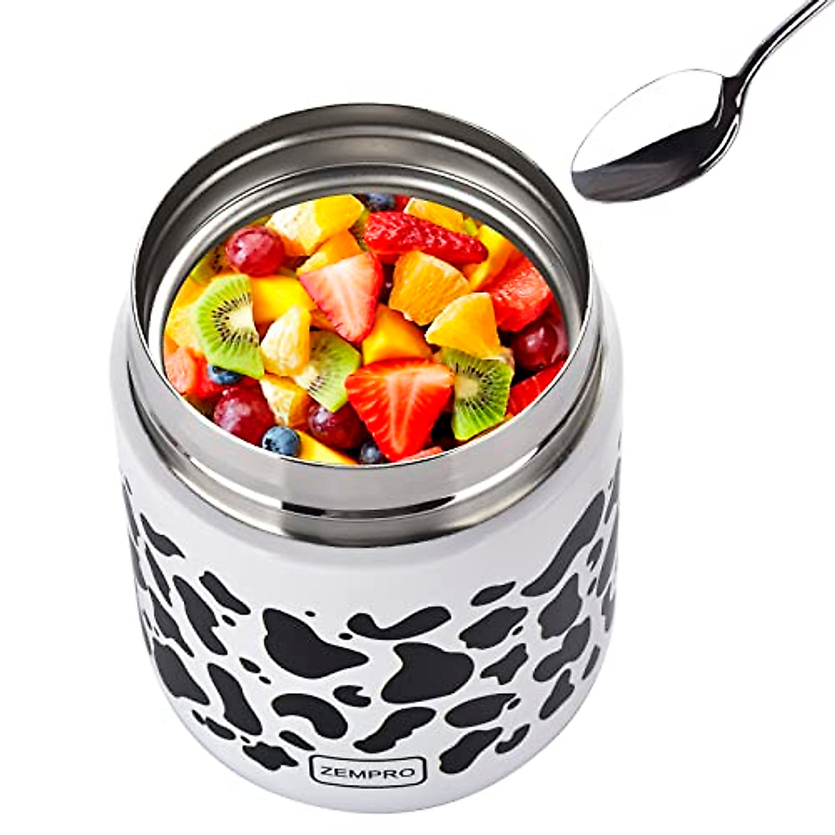 ZEMPRO Cute 10 Oz Thermos Food Jar for Hot & Cold Food Soup Wide Mouth Leak Proof Stainless Steel Insulated Vacuum Container Small Travel Work Lunch Bento(Cow Print)