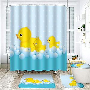 EARVO Cute Yellow Duck Taking Bath Shower Curtain 4Pcs Bath Sets with Non-Slip Rugs U-Shaped Mat Toilet Lid Cover for Kids Baby Bathroom Decor 71x72 inches Polyester Fabric 12 Hooks SETMYEA34