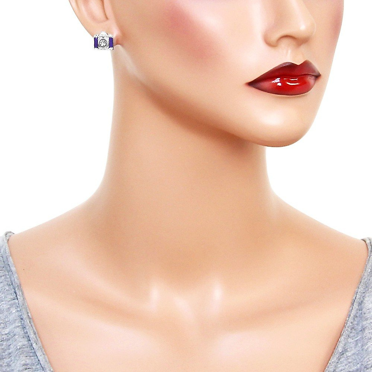 Liavy's Camera Fashionable Earrings - Enamel - Stud - Sparkling Crystal - Purple