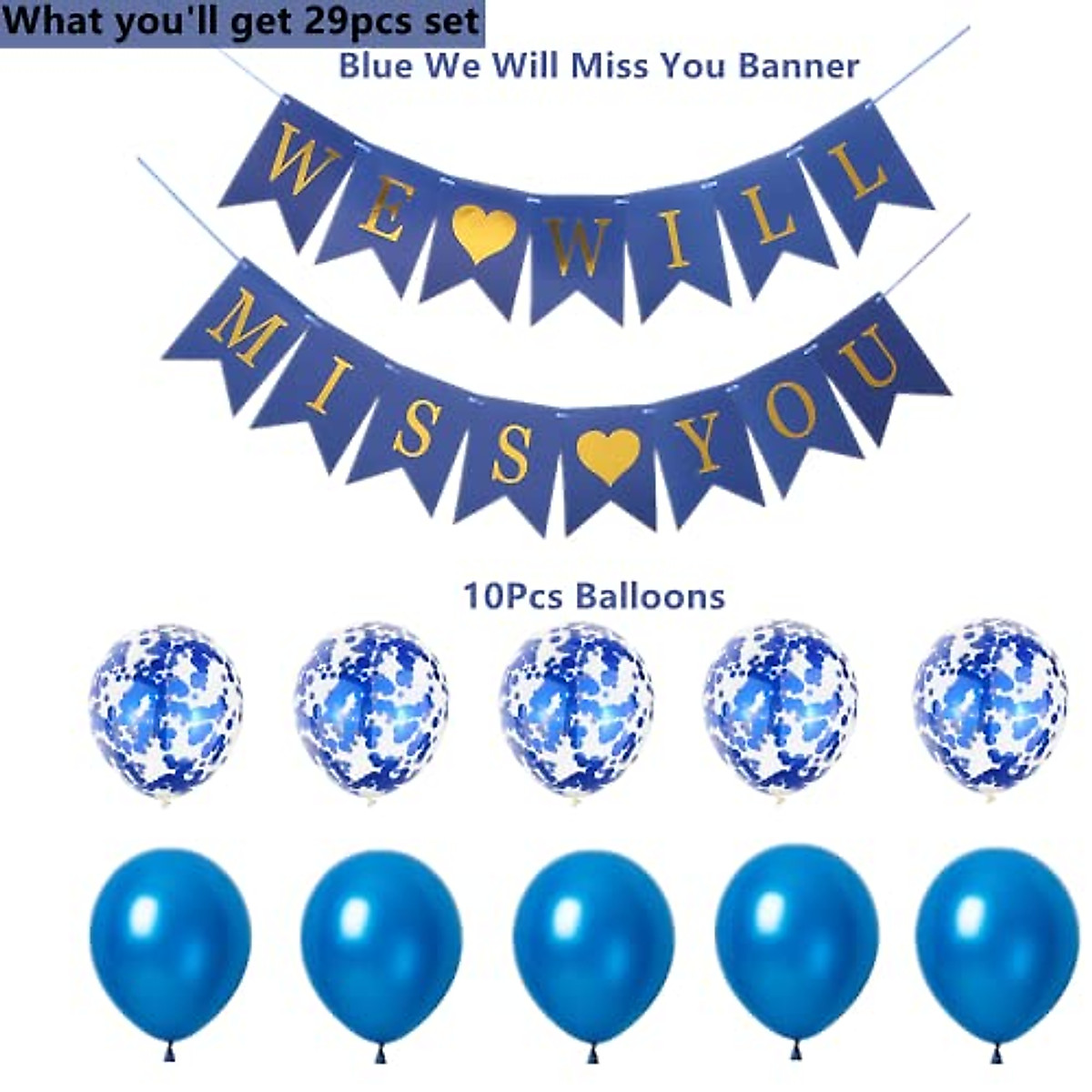 Vindeex We Will Miss You Supplies Kit, We Will Miss You Banner, 10Pcs Balloons, 12Pcs Swirl, 6Pcs Pom for Retirement Farewell Going Away Office Work Party Decorations Blue Gold