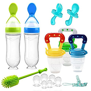 Food Feeder Baby Fruit Feeder Pacifier (3 Pcs) with 6 Different Sized Silicone Pacifiers 2 PCS Silicone Baby Food Dispensing Spoon 90ML with 2 Baby Spoons Silicone Bottle Brush Pacifier Clip